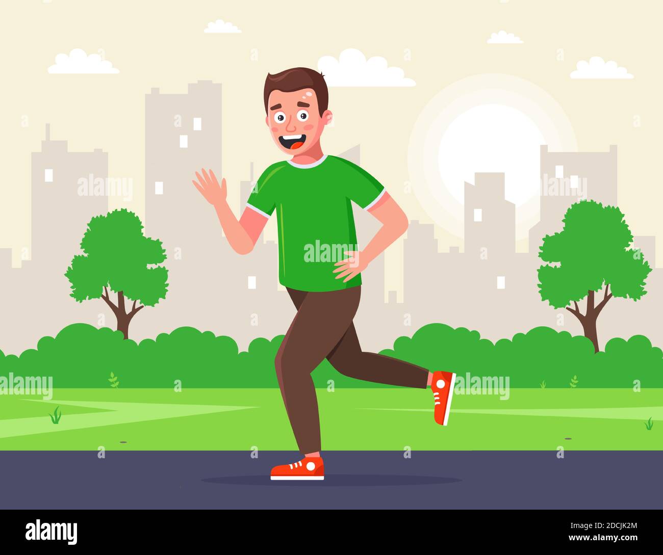 man runs in the park in the morning. morning jogging. doing sports on ...
