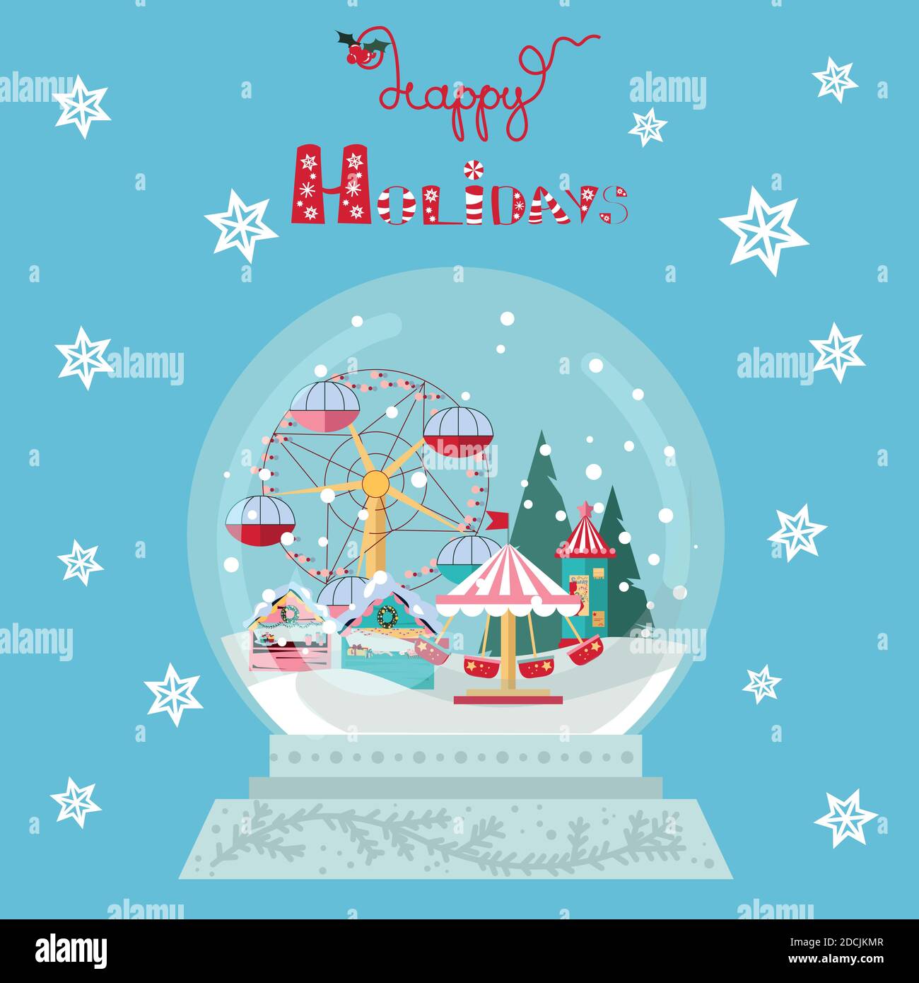 Christmas fair in Snow Globe on Blue Background Stock Vector Image ...