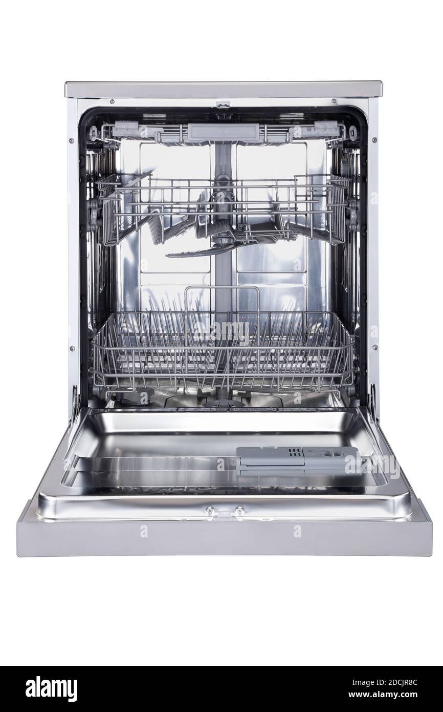 Open door dishwasher on white background . front view Stock Photo - Alamy