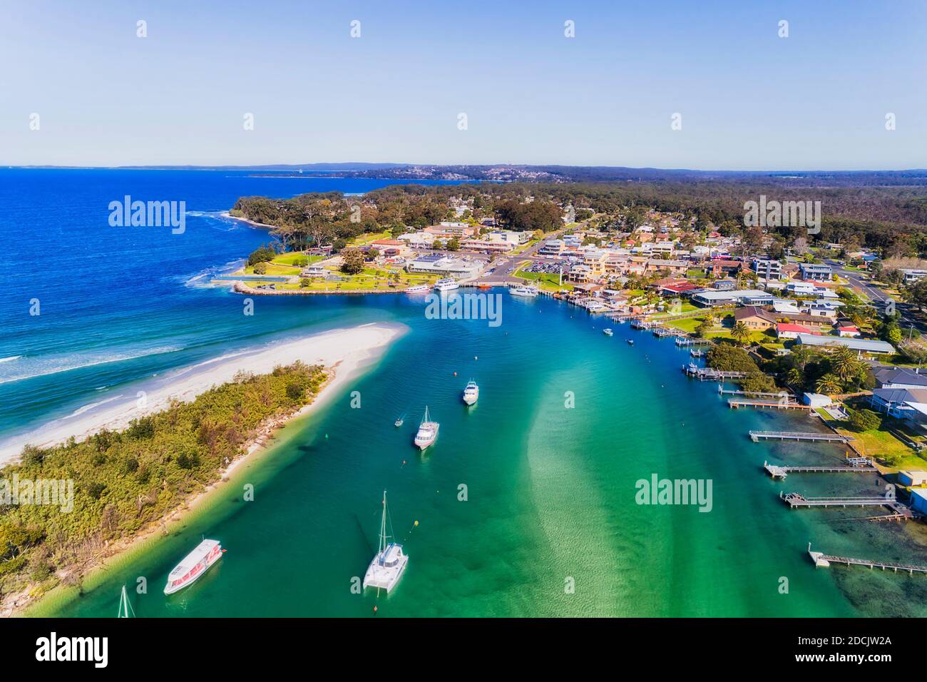 Huskisson town on Jervis bay of Australia - aerial view from shallow ...