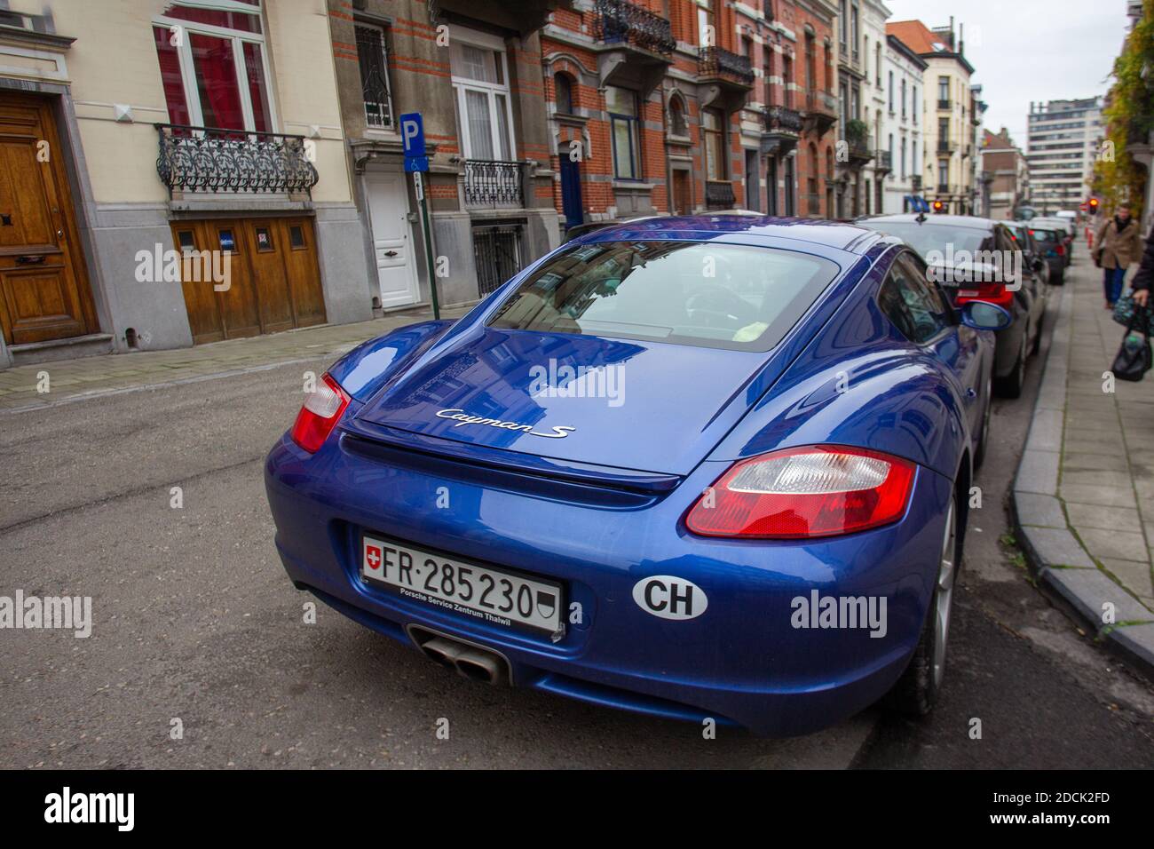 Porsche Cayman S in Brussels - car with Swiss license plates. Blue ...
