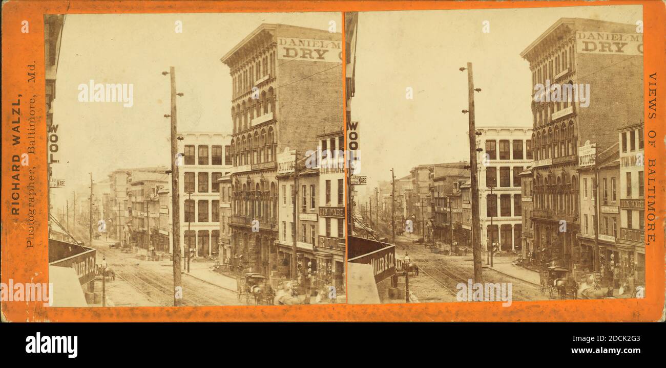 Street scene with buildings, street tracks, wagons., still image ...