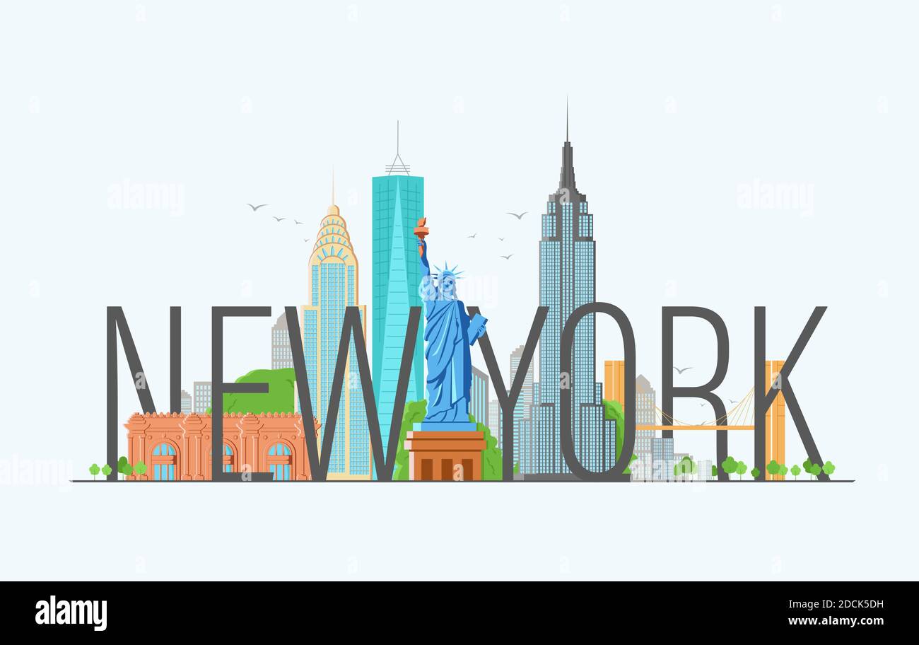 New York illustration with modern calligraphy and statue of liberty ...
