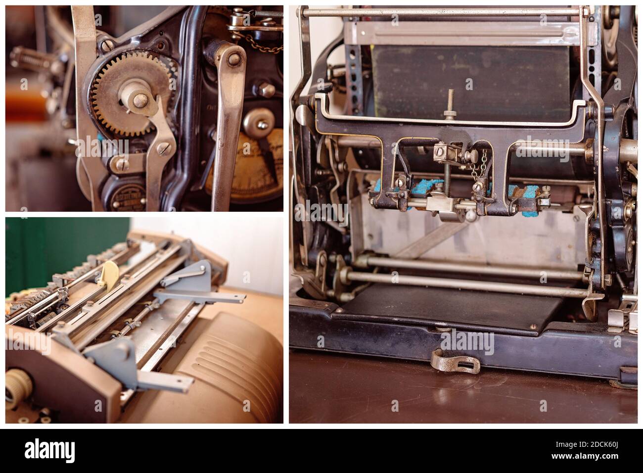 Collage of closeup images of a vintage printing machine from yesteryear ...