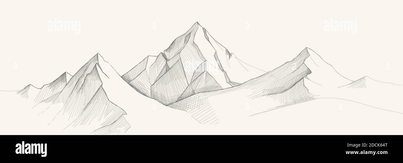 Mountains range sketch, engraving style, hand drawn vector illustration ...