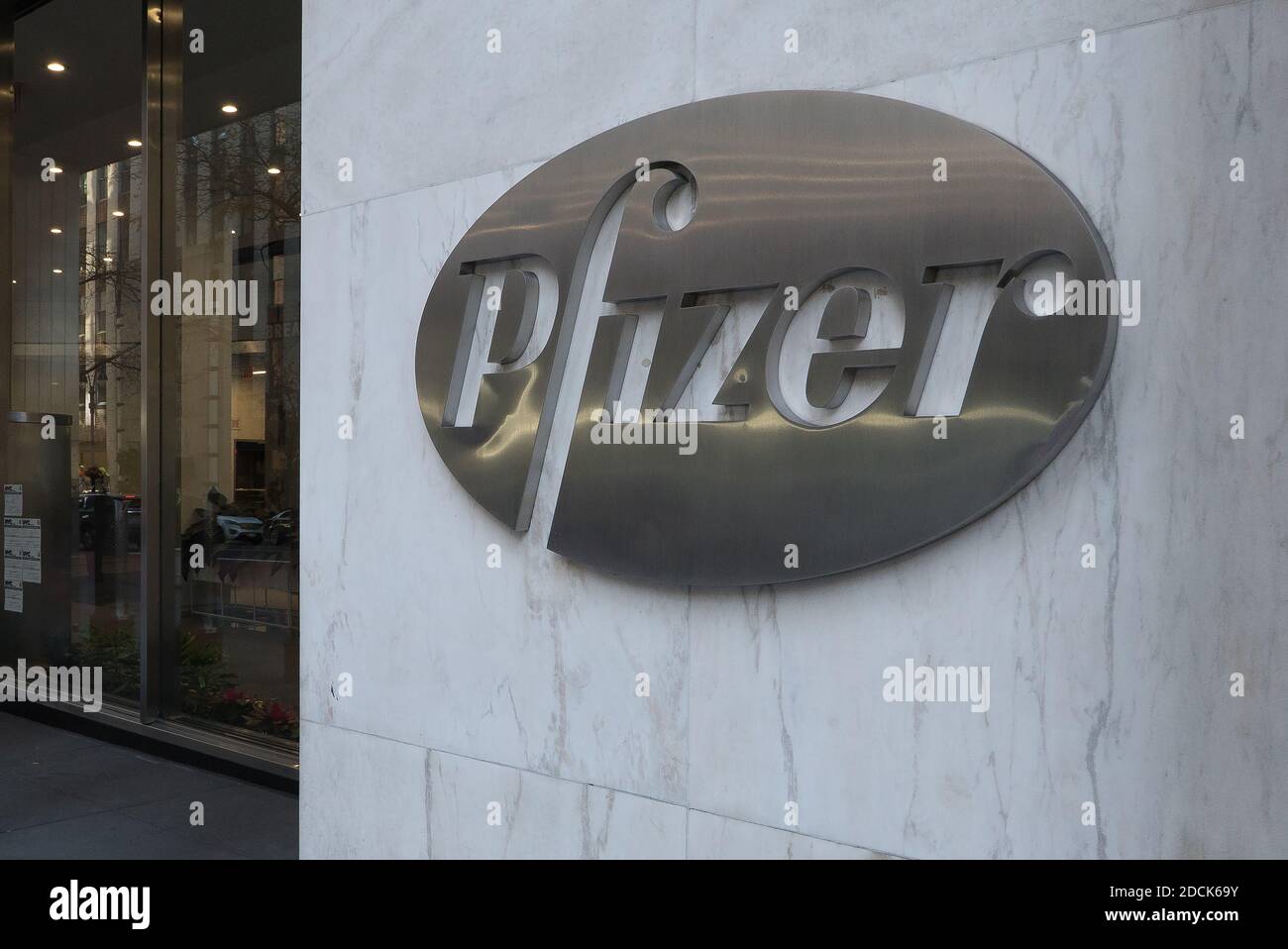 Manhattan, New York. November 20, 2020. Pfizer sign outside New York ...
