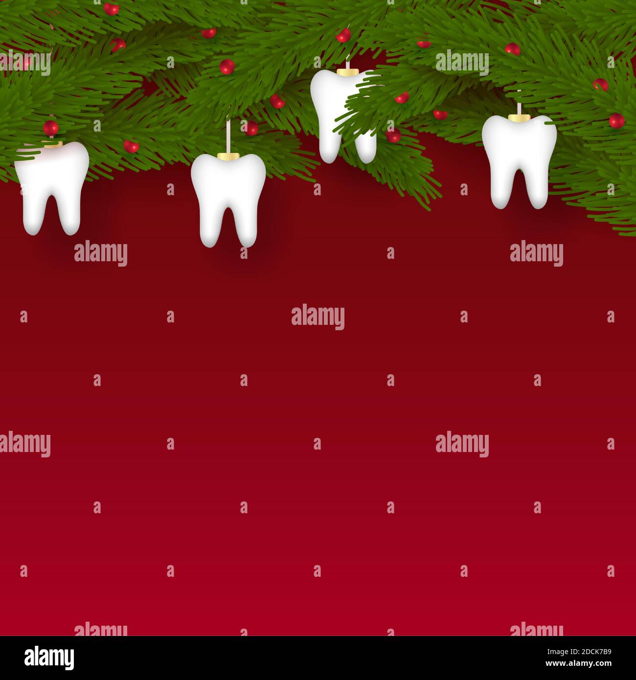 White teeth icons in the shape of a Christmas tree on a red background ...