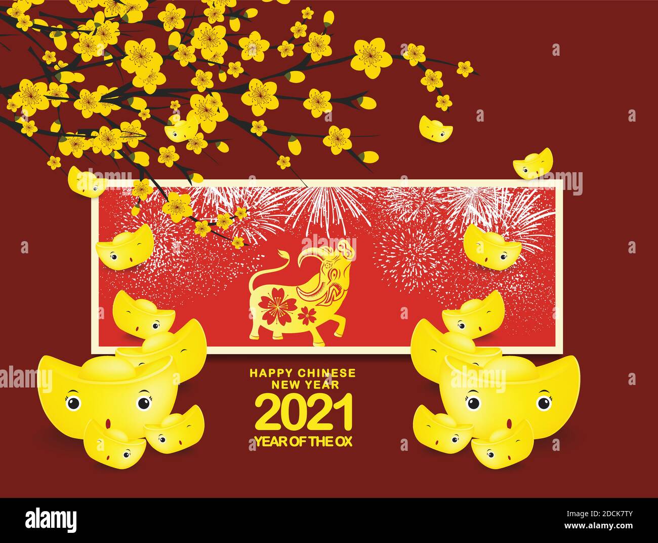 Chinese new year 2021 year of the ox banner design, gold ingots cut ox ...