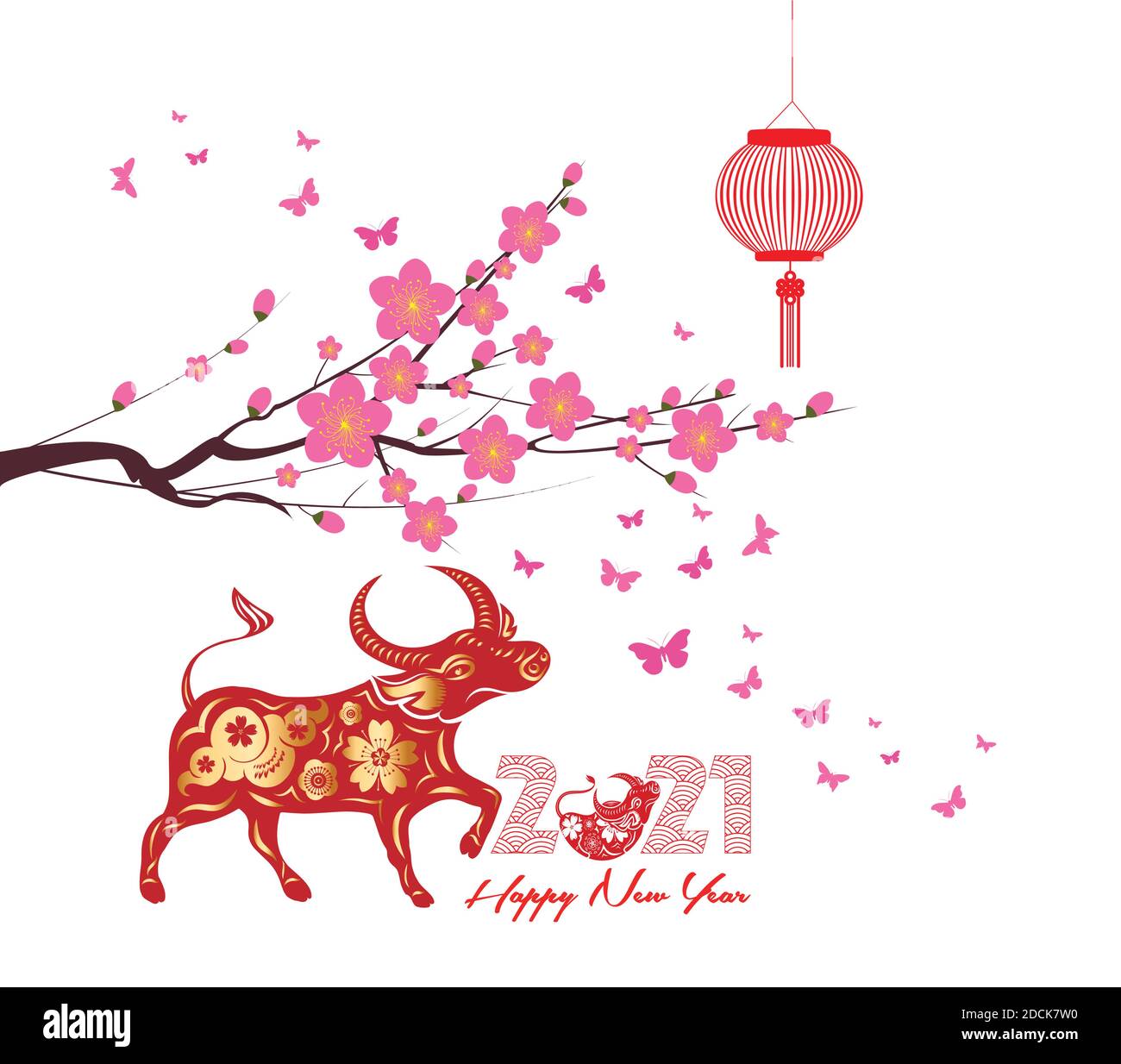 Chinese new year 2021 year of the ox ,cut ox character,cherry blossom ...