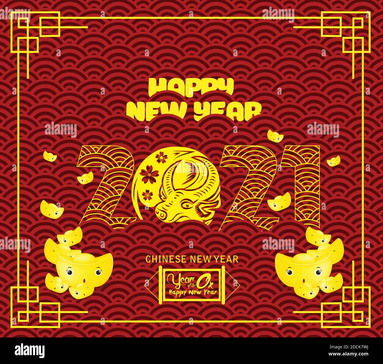 Chinese new year 2021 year of the ox, gold ingots cut ox character ...