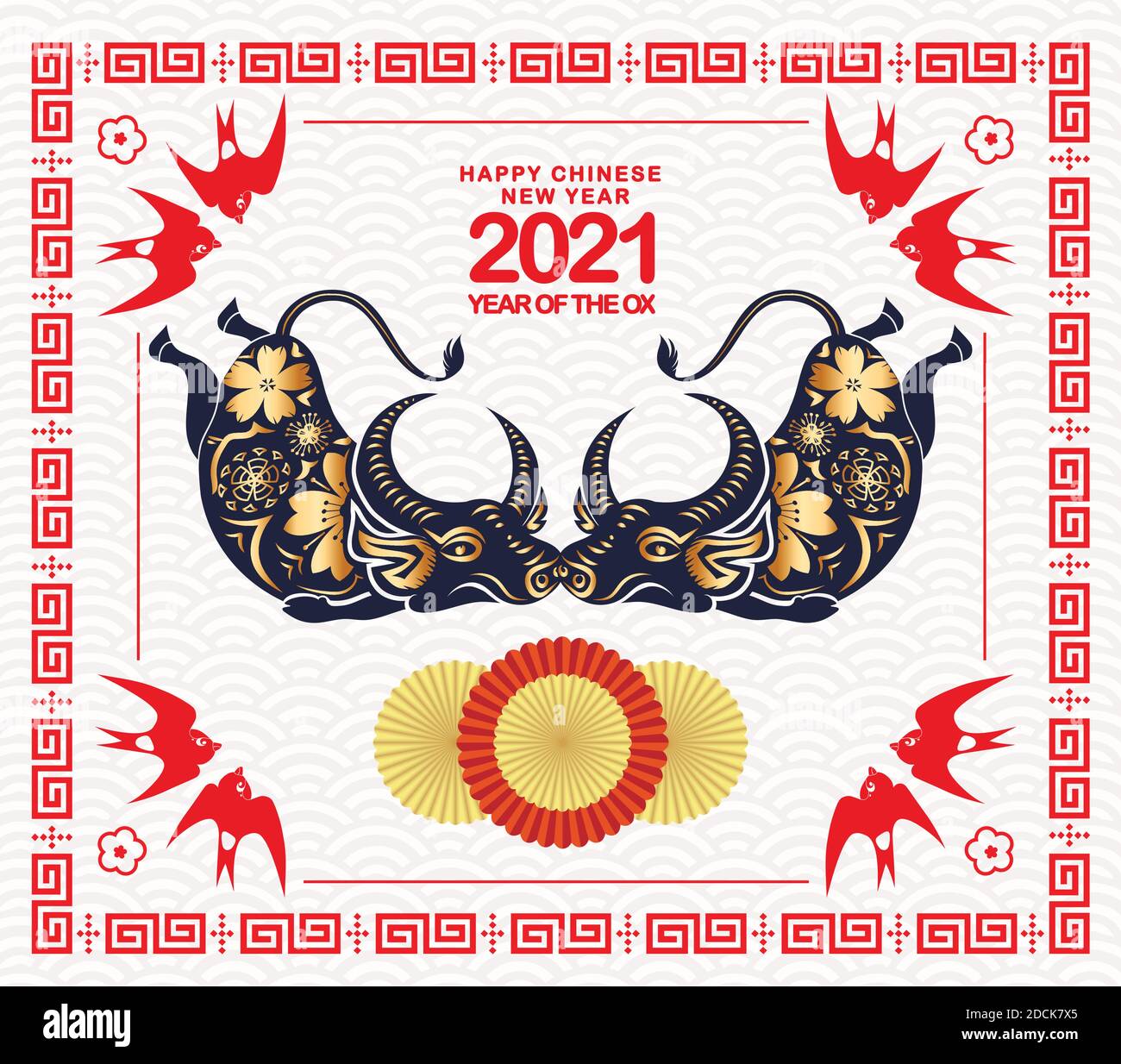 Chinese new year 2021 year of the ox sign, calligraphy, cut ox ...