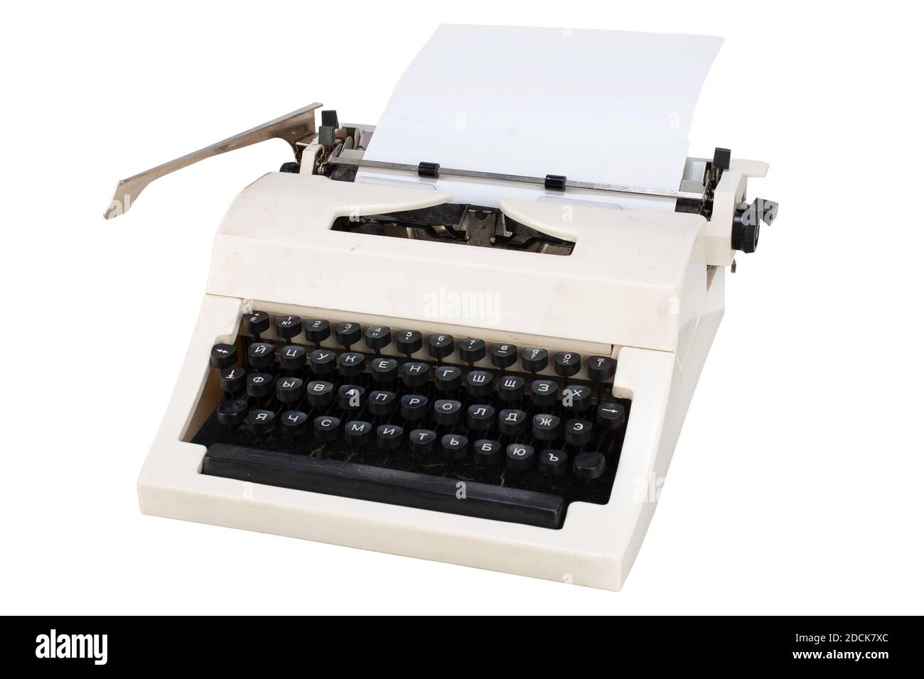 White typewriter with cyrillic keyboard layout USSR era isolated on ...