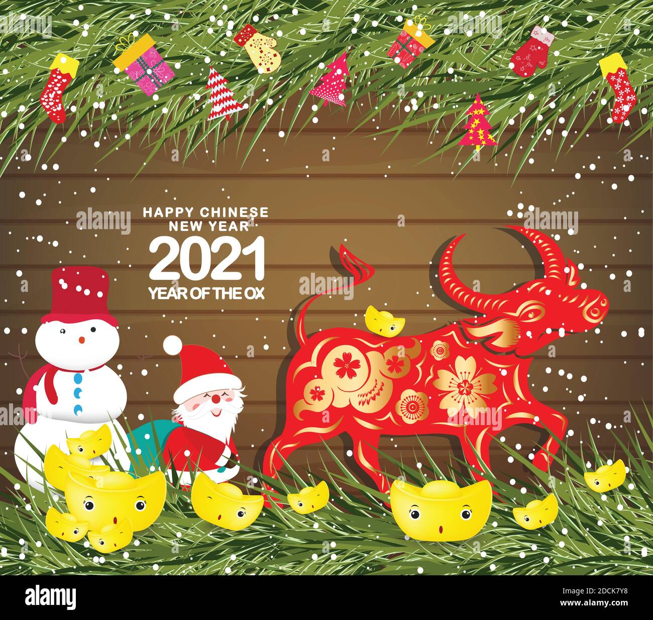 Merry christmas and Happy Chinese New Year 2021 greeting card with gold ...