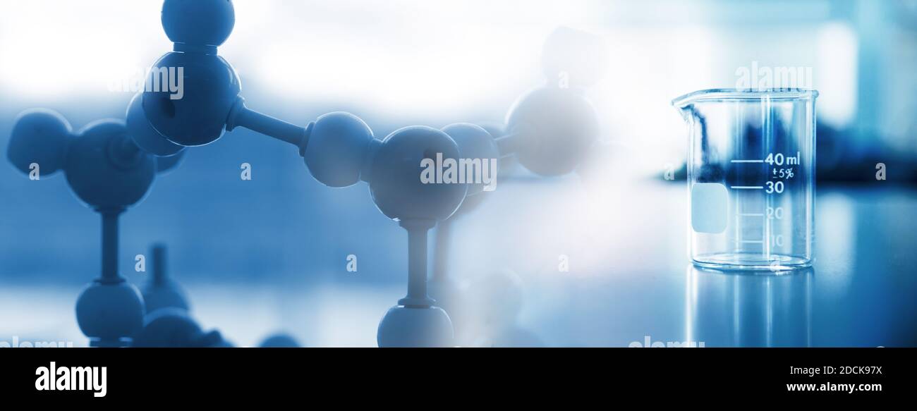 glass beaker with science chemical molecular strcture banner blue ...
