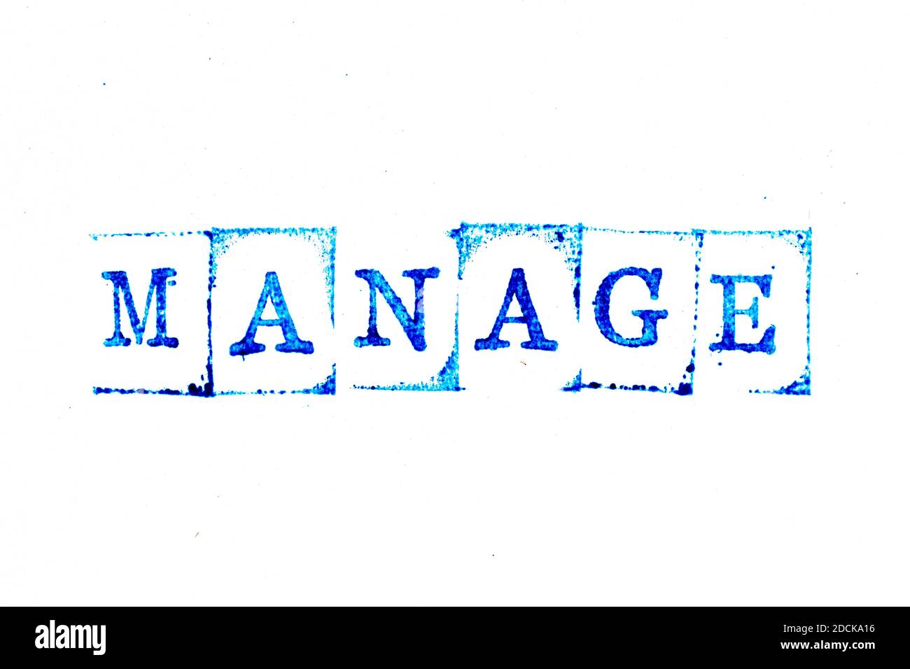 Blue color ink of rubber stamp in word manage on white paper background ...