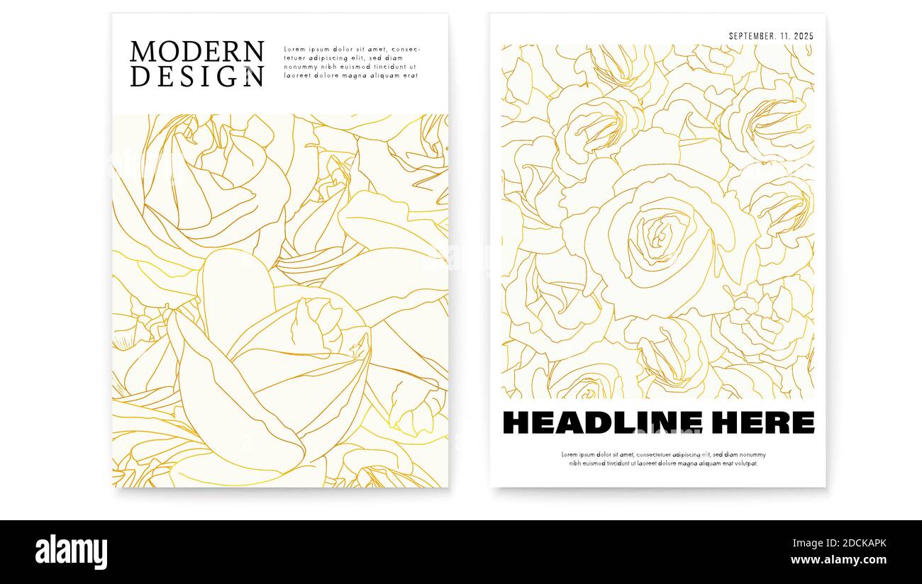 Set of modern posters with patterns of blossoming rose buds. Outline ...