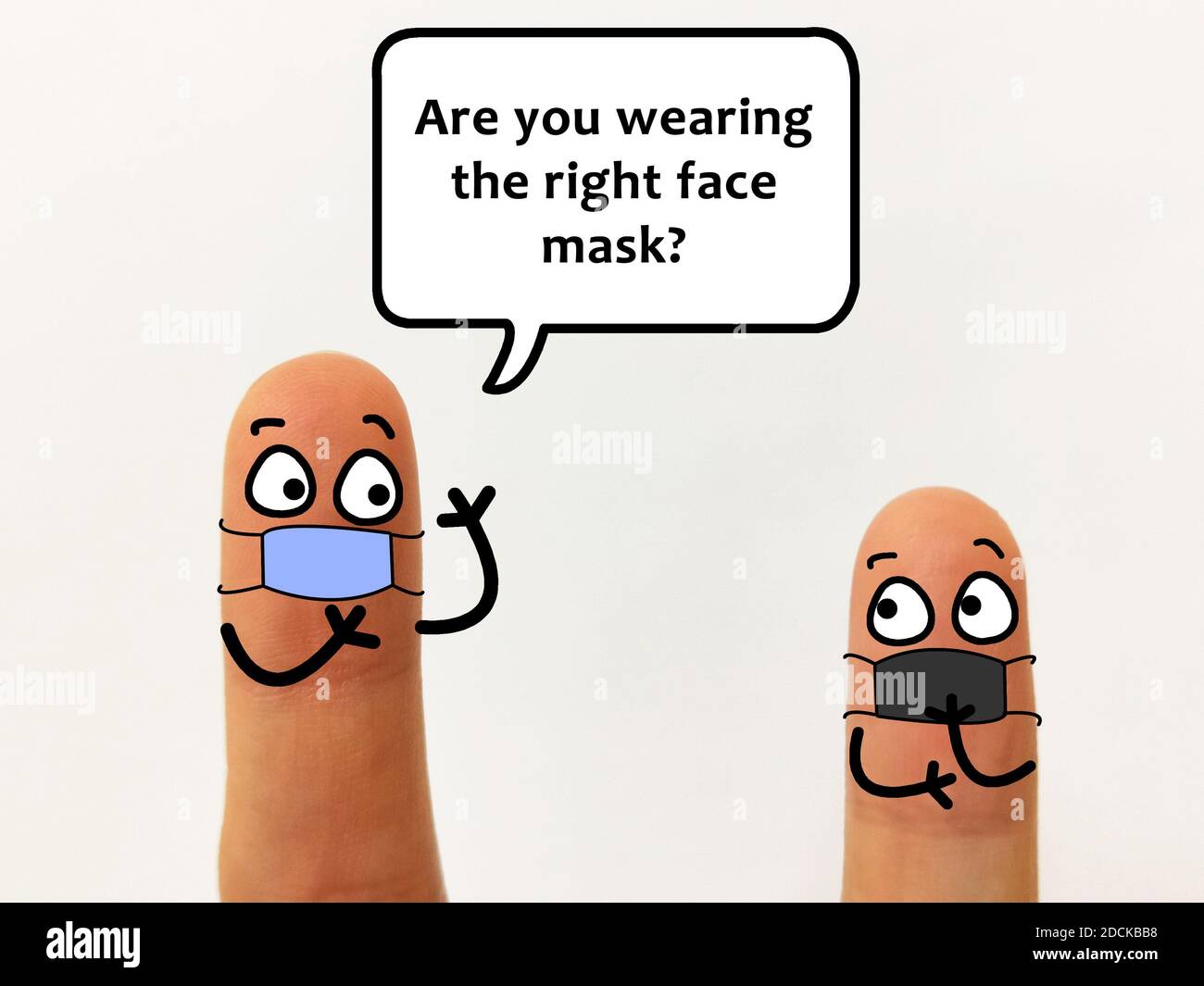 Two fingers are decorated as two person wearing masks. They are ...