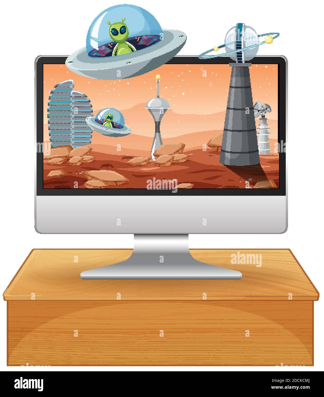 Isolated computer on the table with space theme desktop background ...