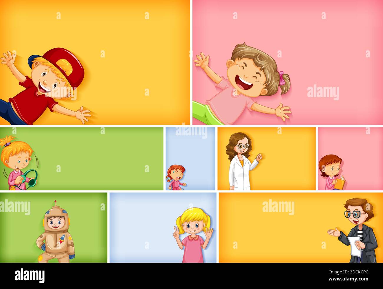 Set of different kid characters on different color background ...
