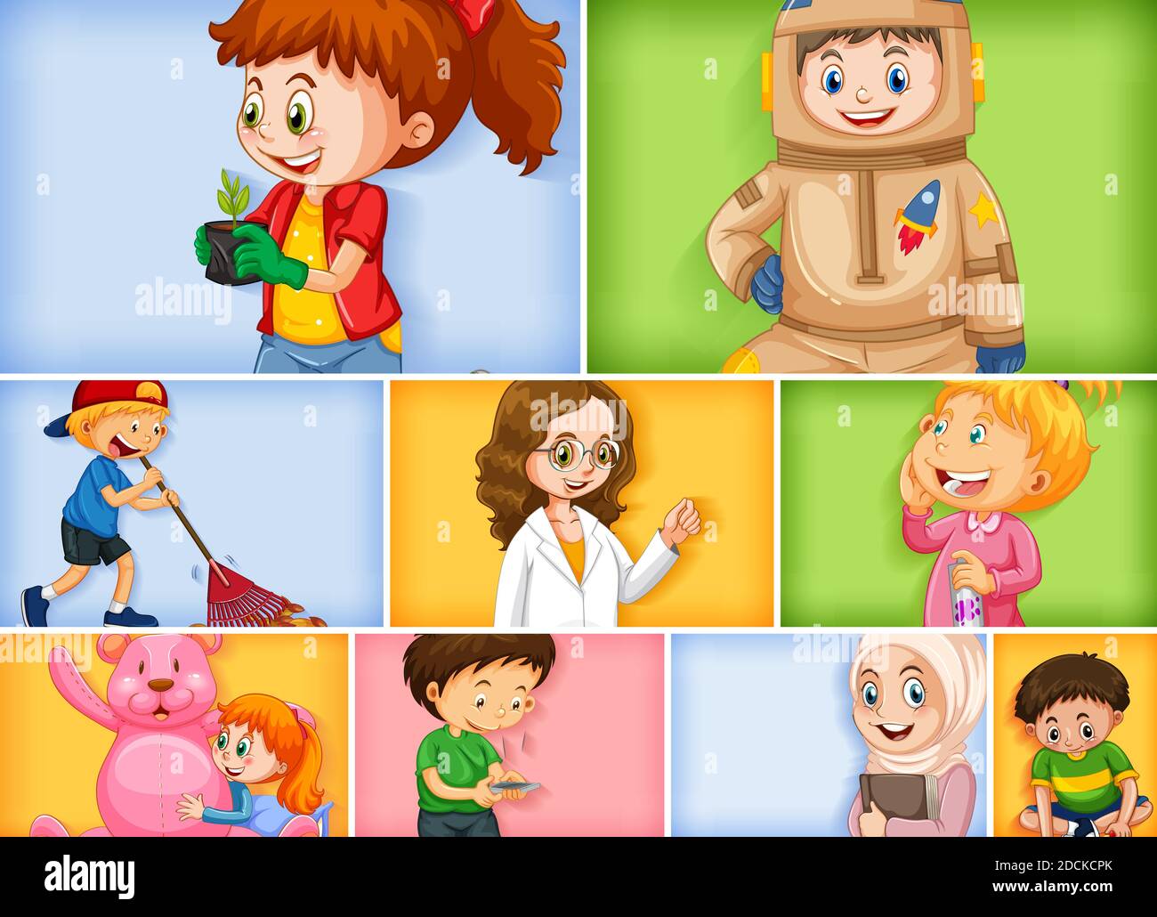 Set of different kid characters on different color background ...
