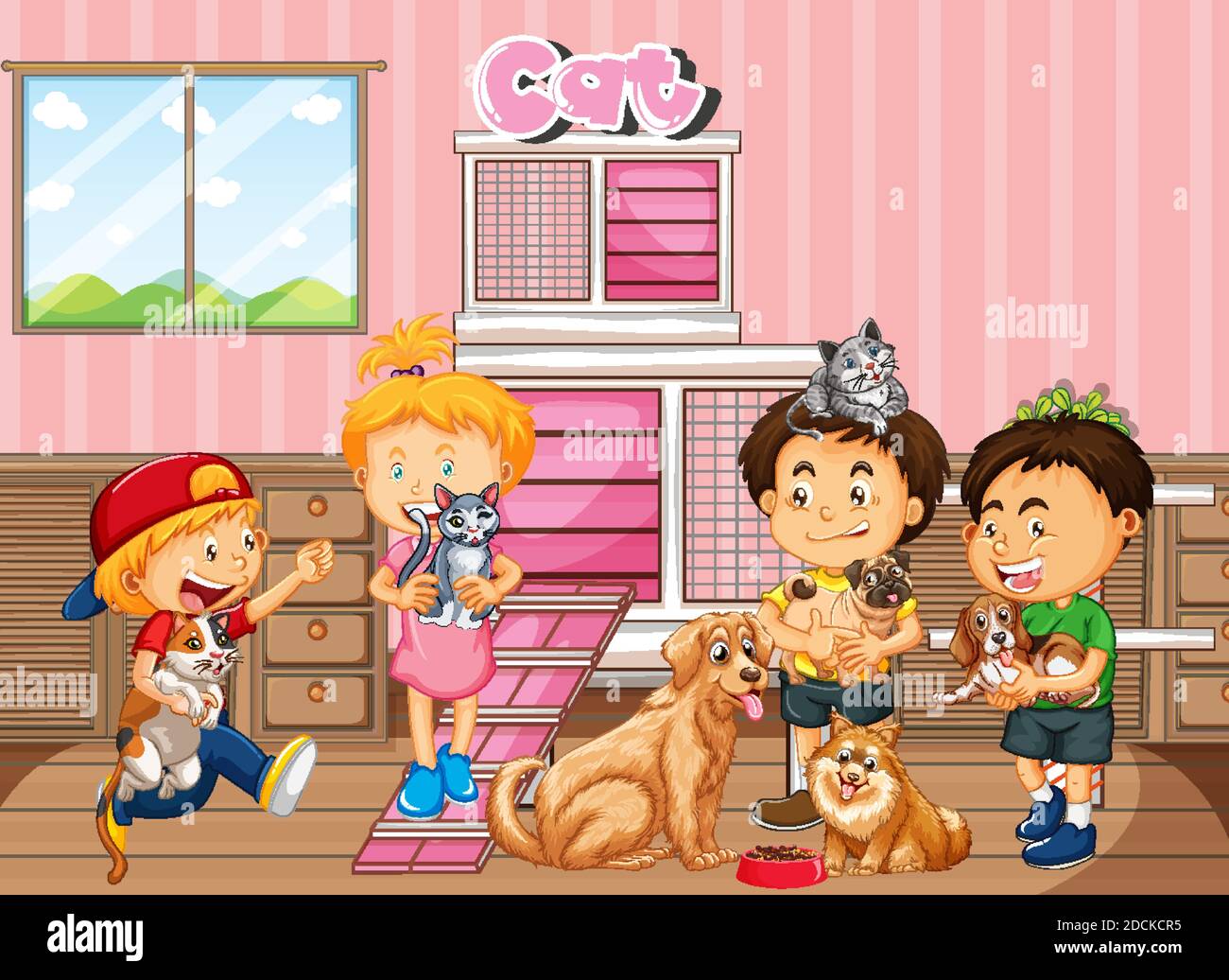 Children playing with their pets in the room scene illustration Stock ...