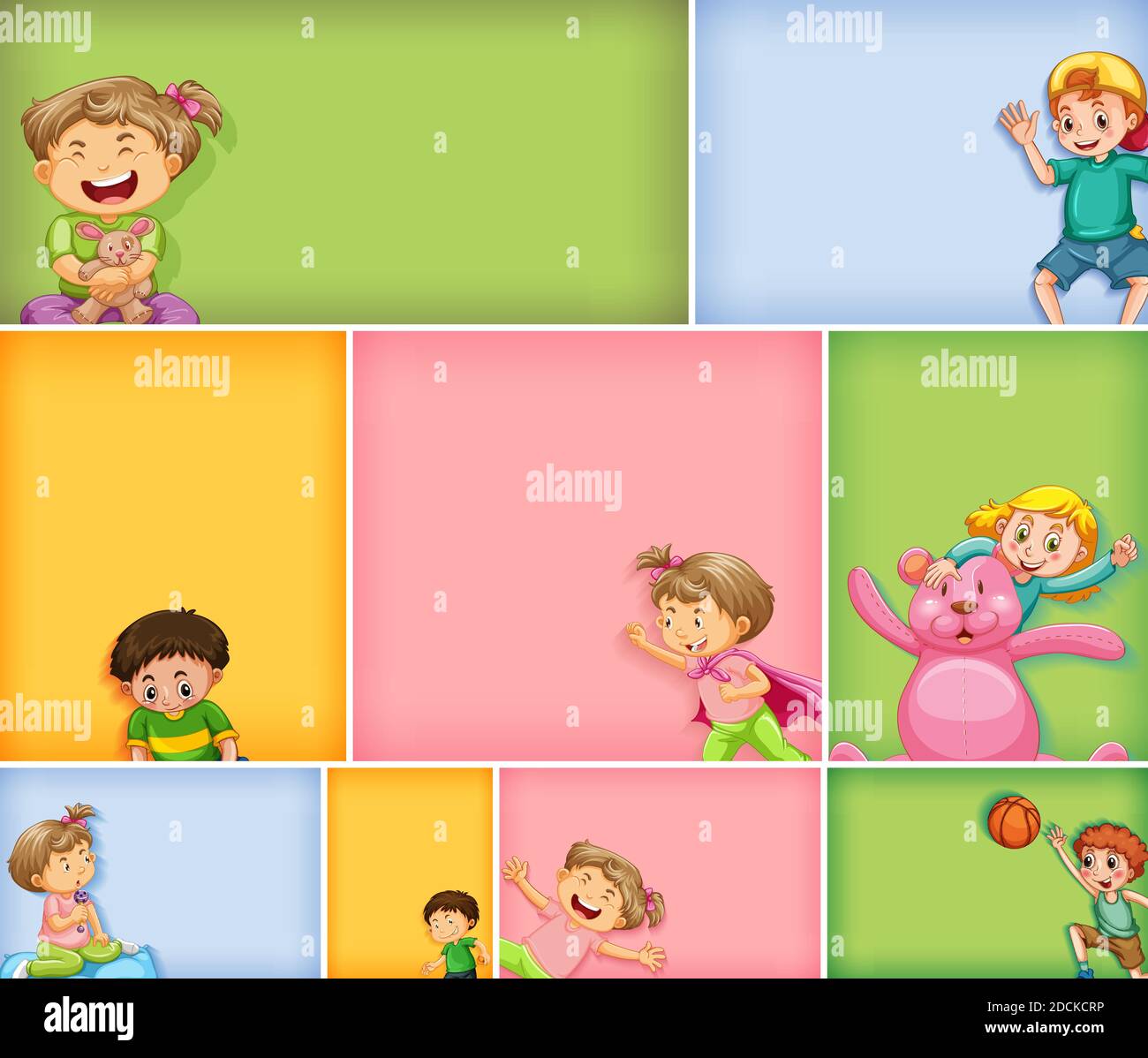 Set of different kid characters on different color background ...