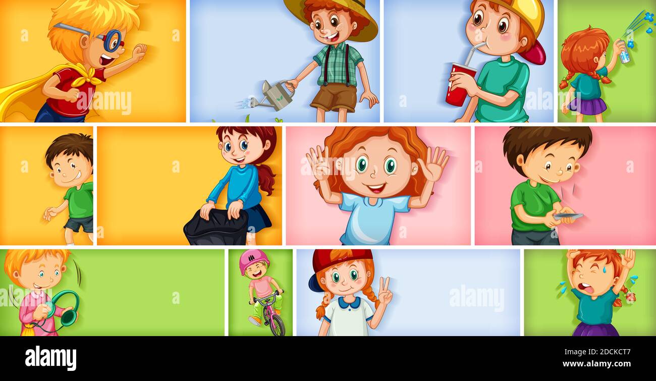 Set of different kid characters on different color background ...