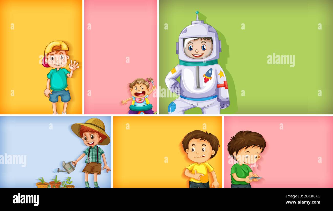 Set of different kid characters on different color background ...