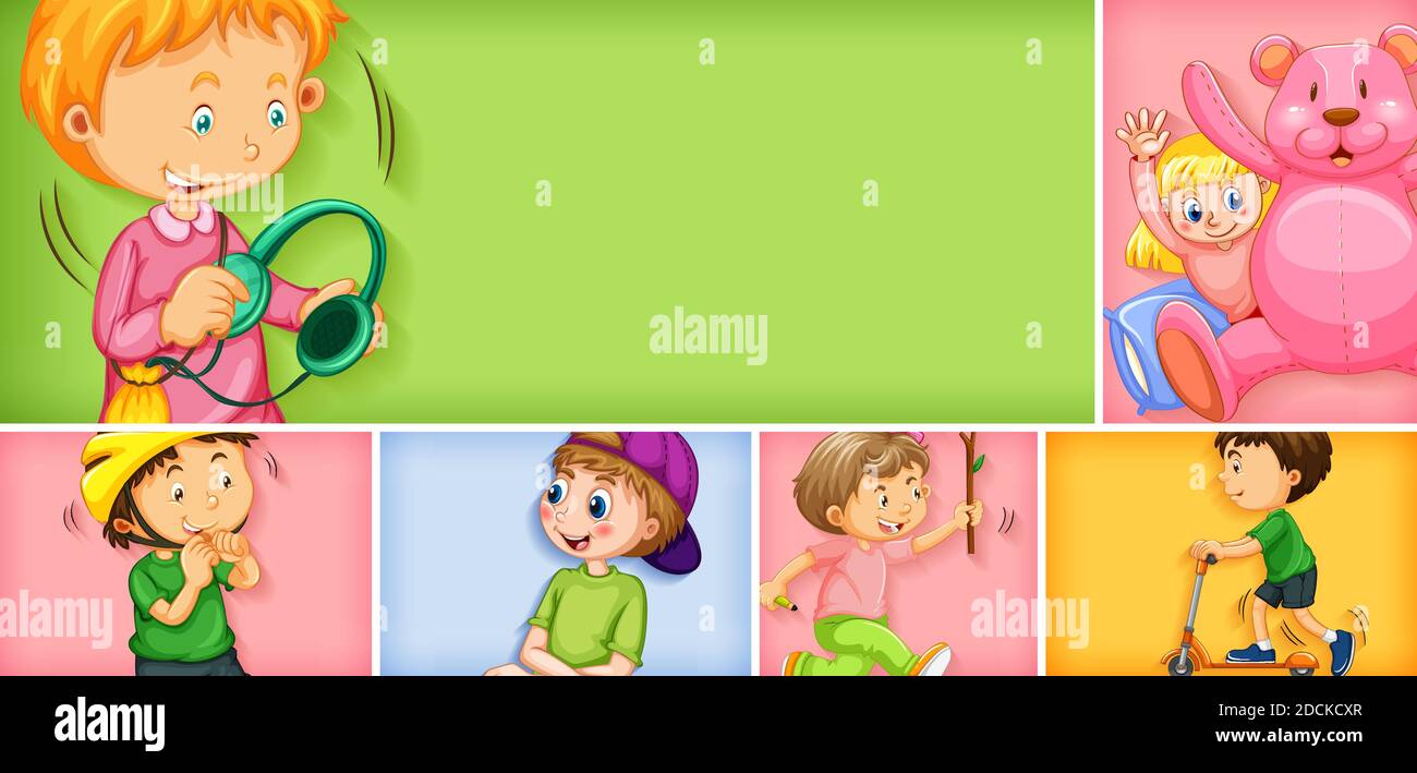 Set of different kid characters on different color background ...