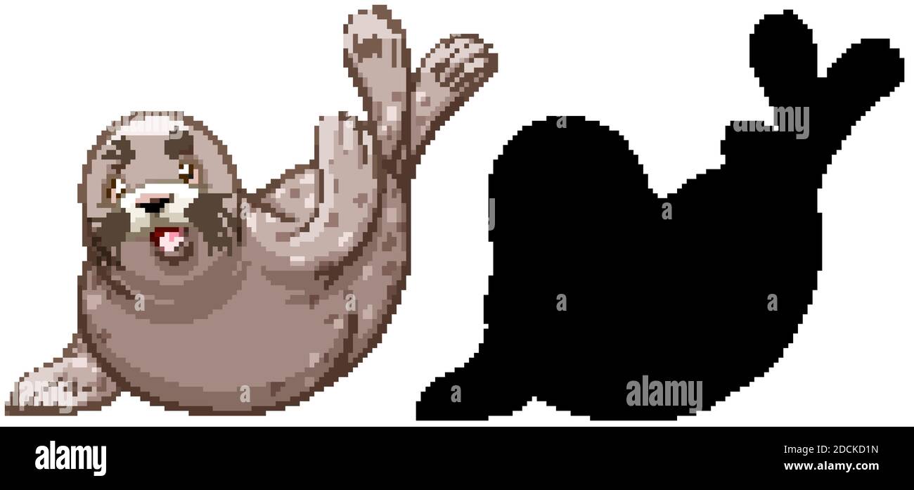 Set of seal characters and its silhouette on white background ...
