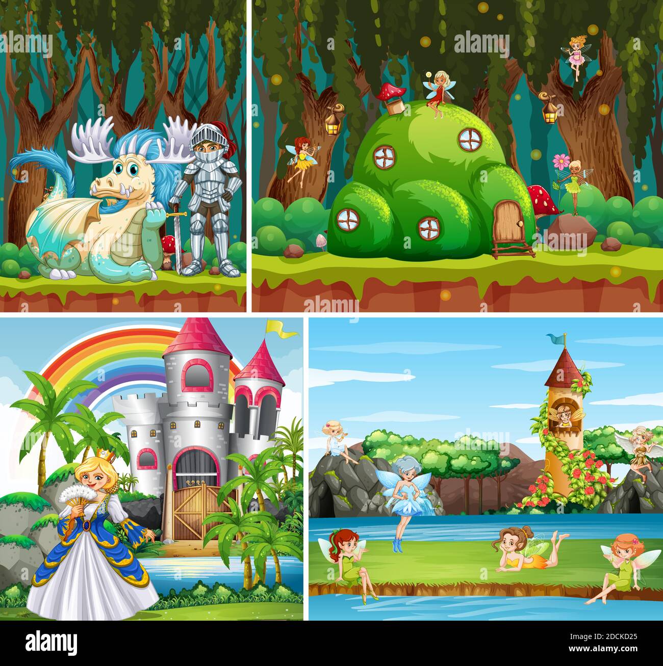 Four different scene of fantasy world with fantasy places and fantasy ...