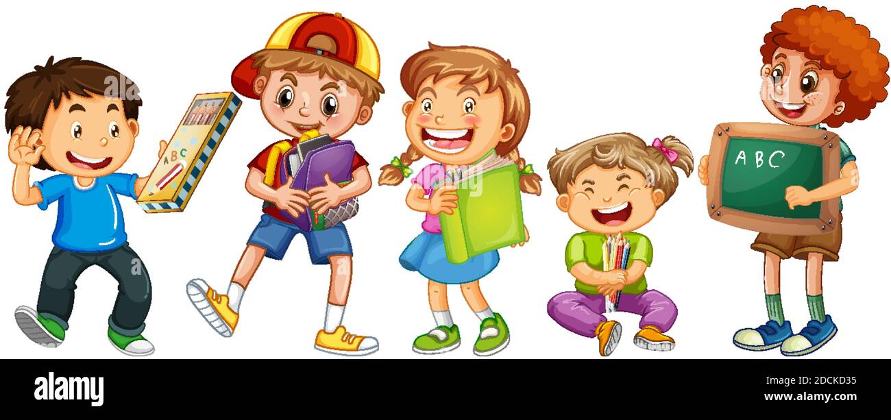 Group of young children cartoon character on white background ...