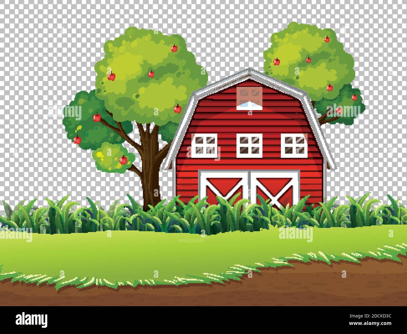 Red barn with meadow and apple tree on transparent background ...