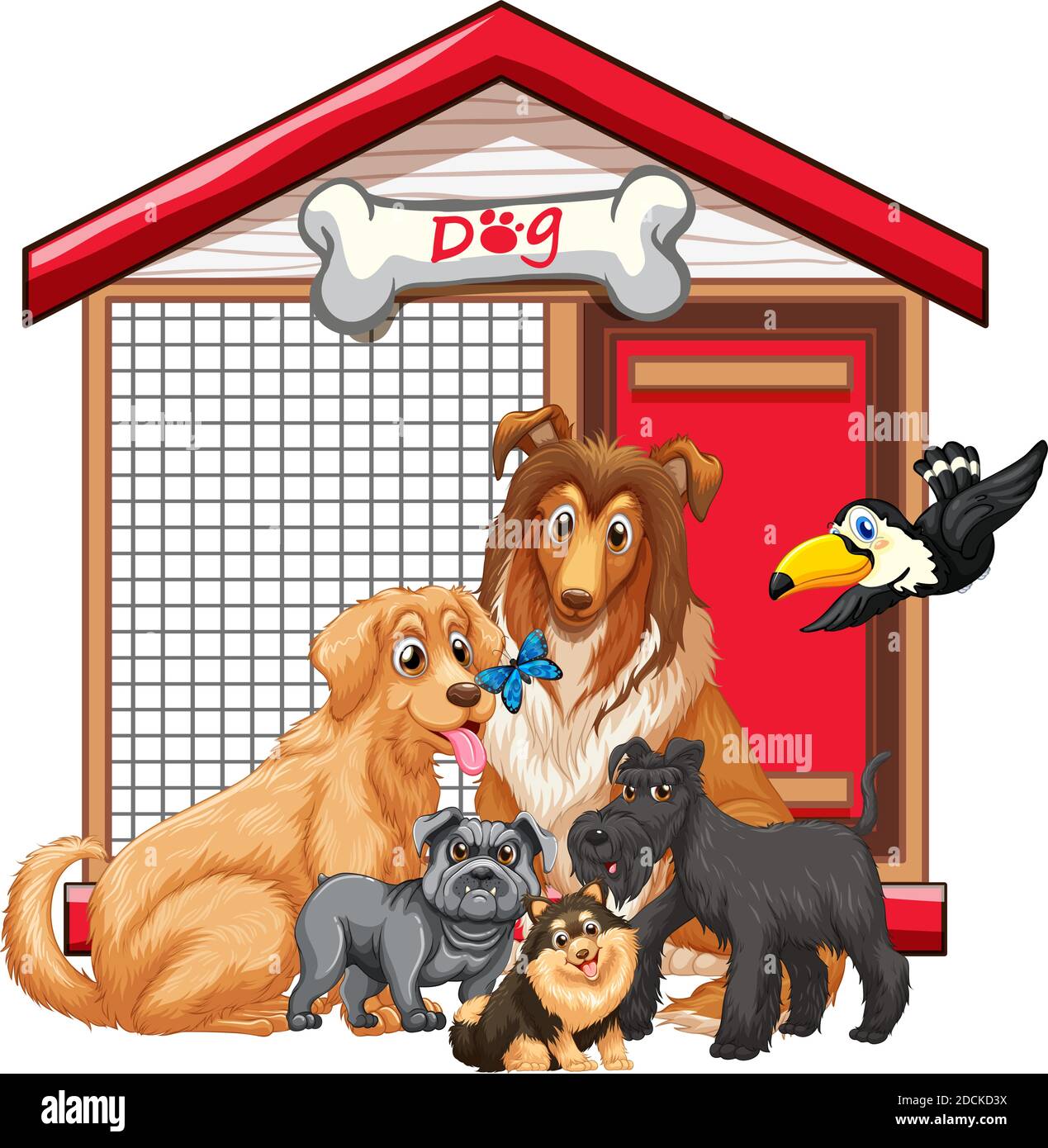 Dog cage with animal group cartoon isolated illustration Stock Vector ...