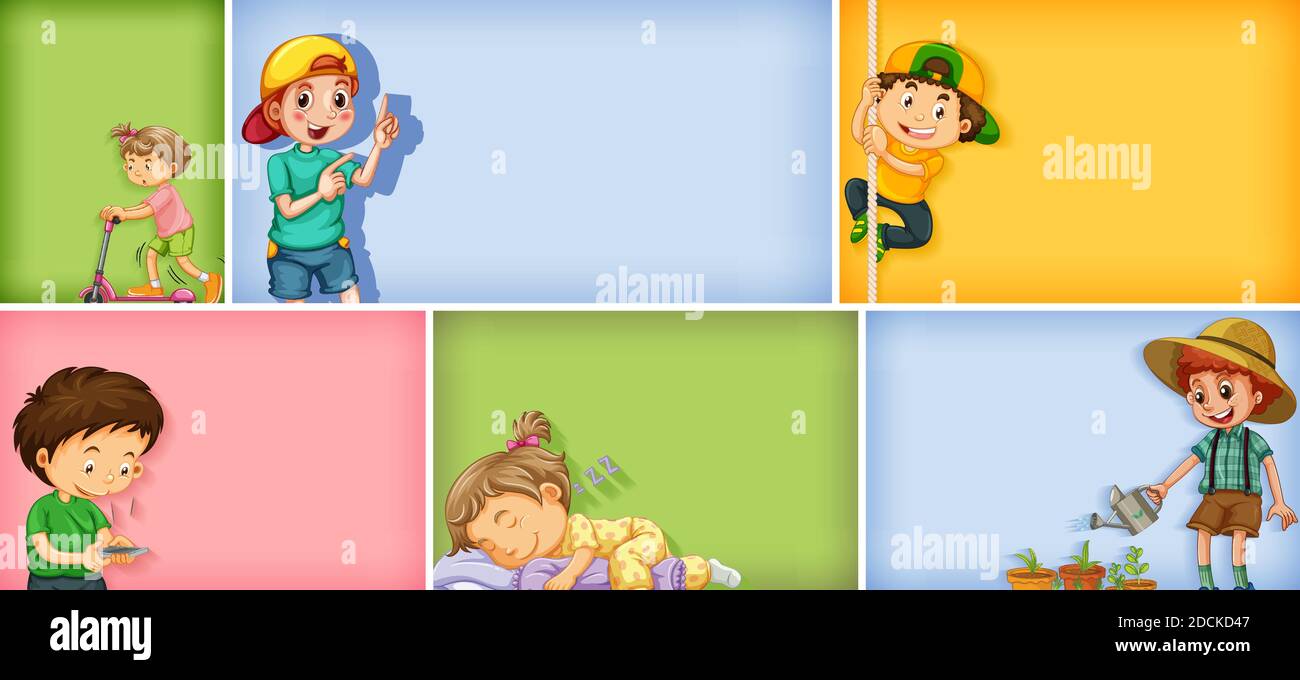 Set of different kid characters on different color background ...