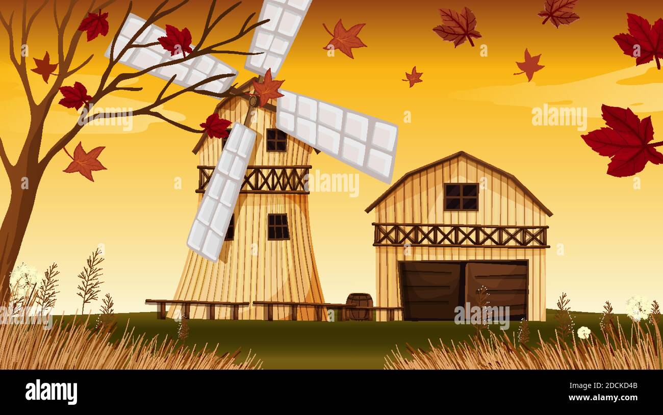 Farm scene in nature with barn and windmill in autumn season ...
