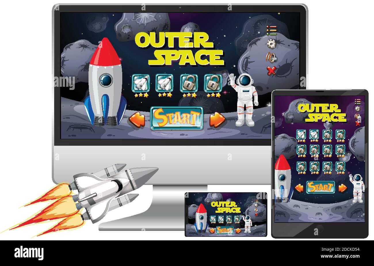 Outer space mission game on diffrent electronic screens illustration ...