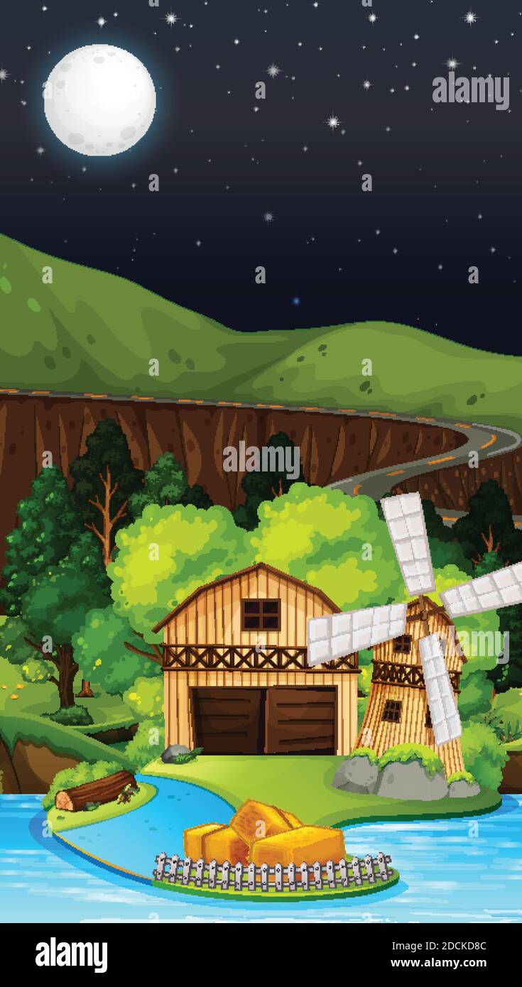 Farm scene with barn and windmill at night illustration Stock Vector ...