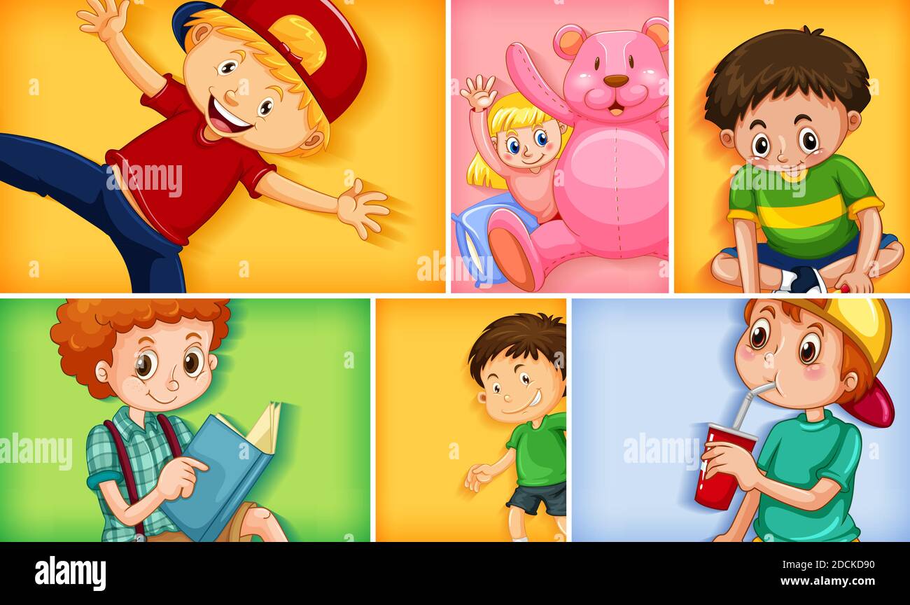 Set of different kid characters on different color background ...