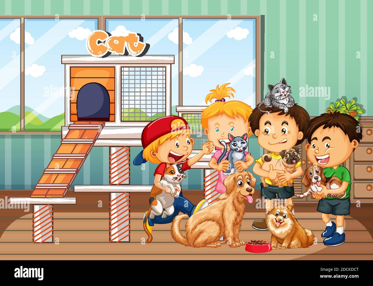 Children playing with their pets in the room scene illustration Stock ...