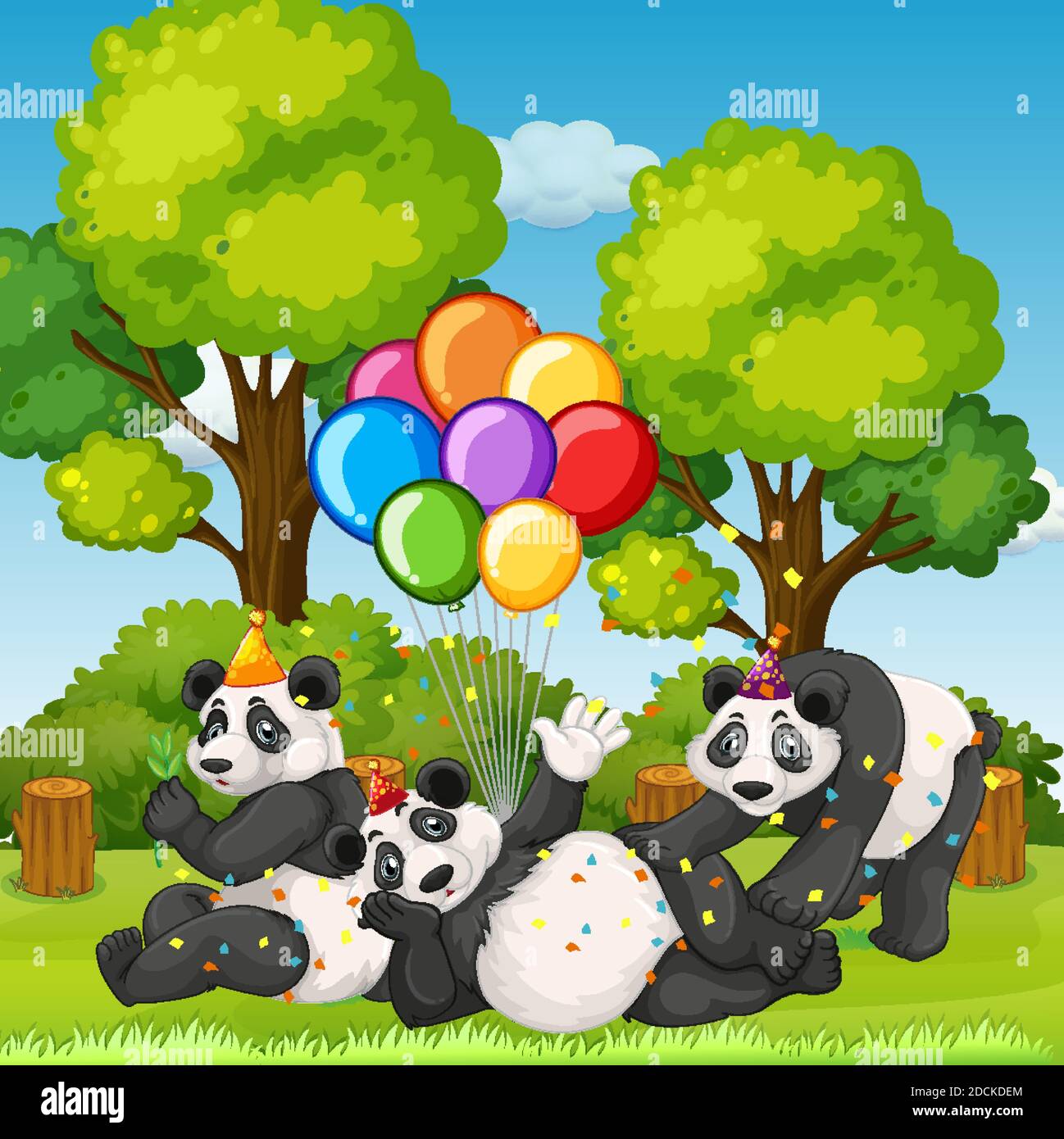 Many pandas in party theme in nature forest background illustration ...