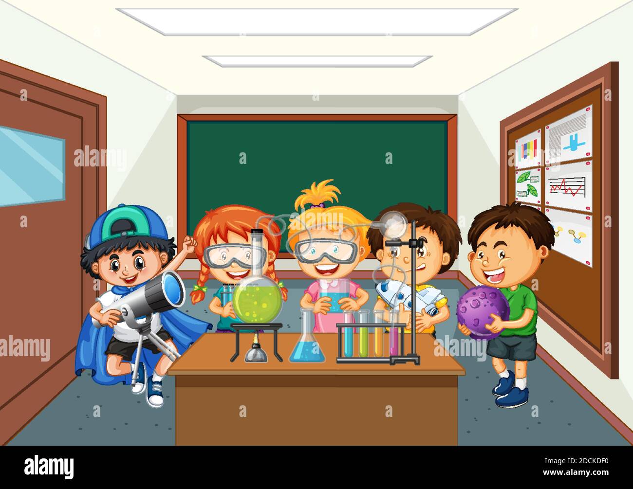 Kids doing science lab experiment in the classroom scene illustration ...