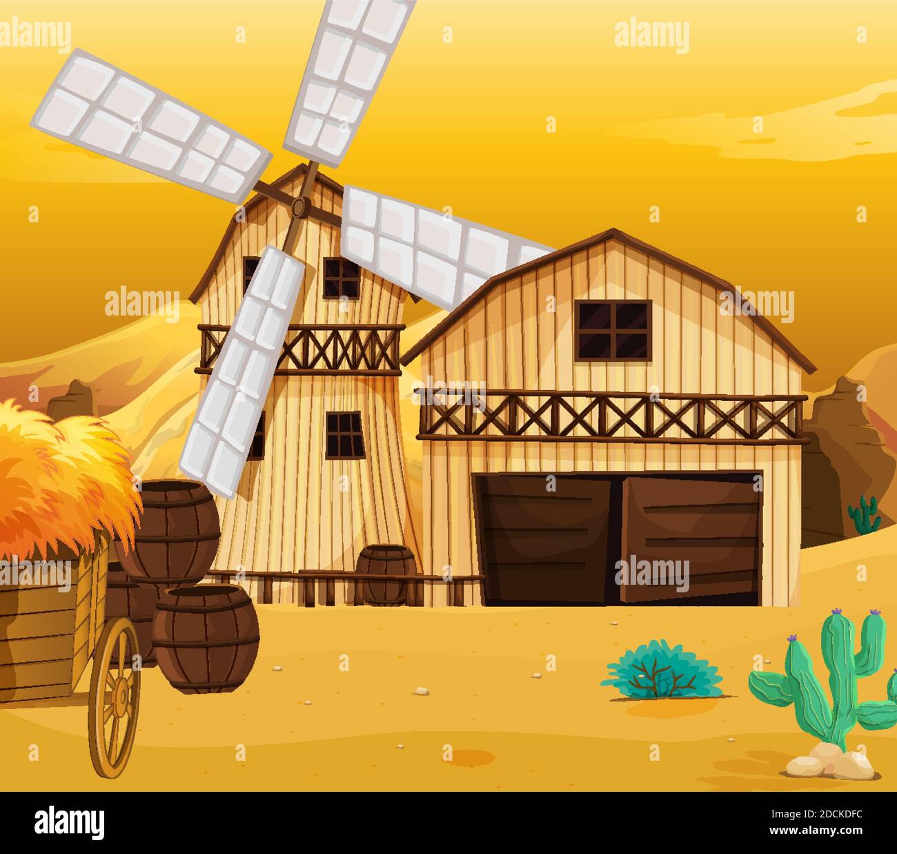 Farm scene in nature with barn and windmill illustration Stock Vector ...