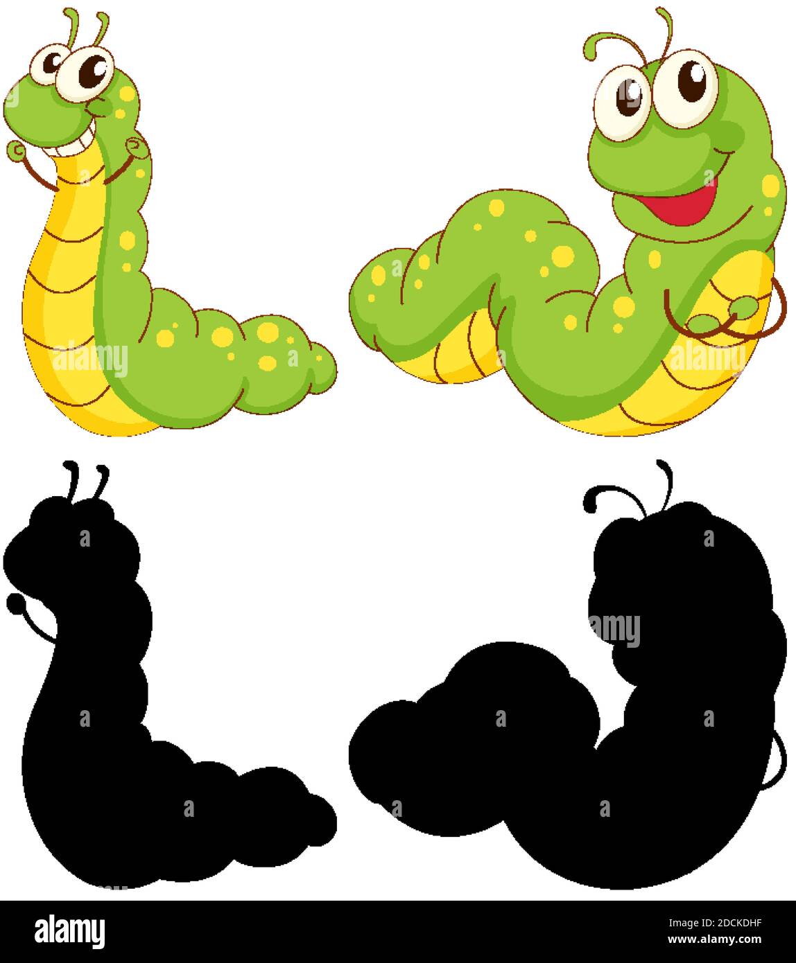 Set of insect cartoon character and its silhouette on white background ...