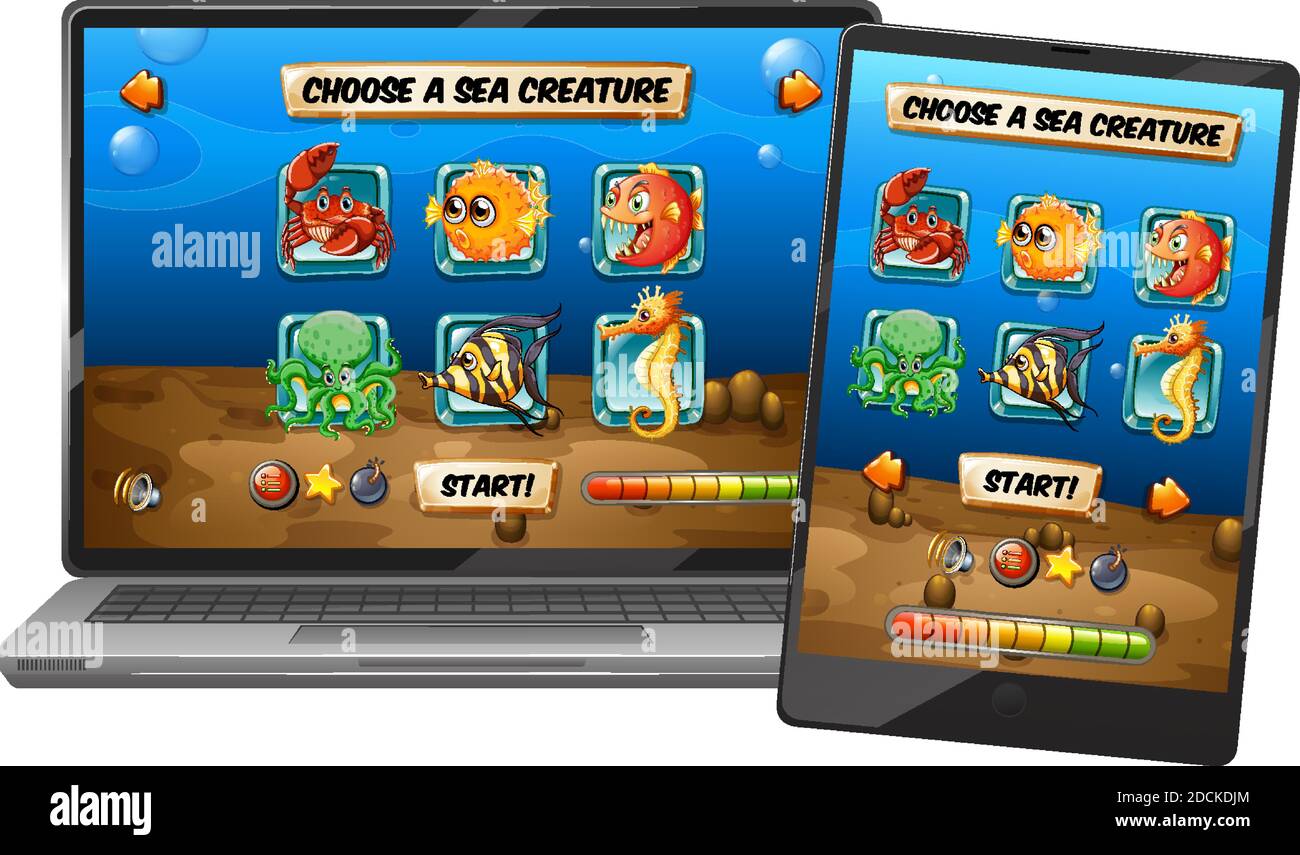 Underwater with animal sea game on different electronics gadget screens ...