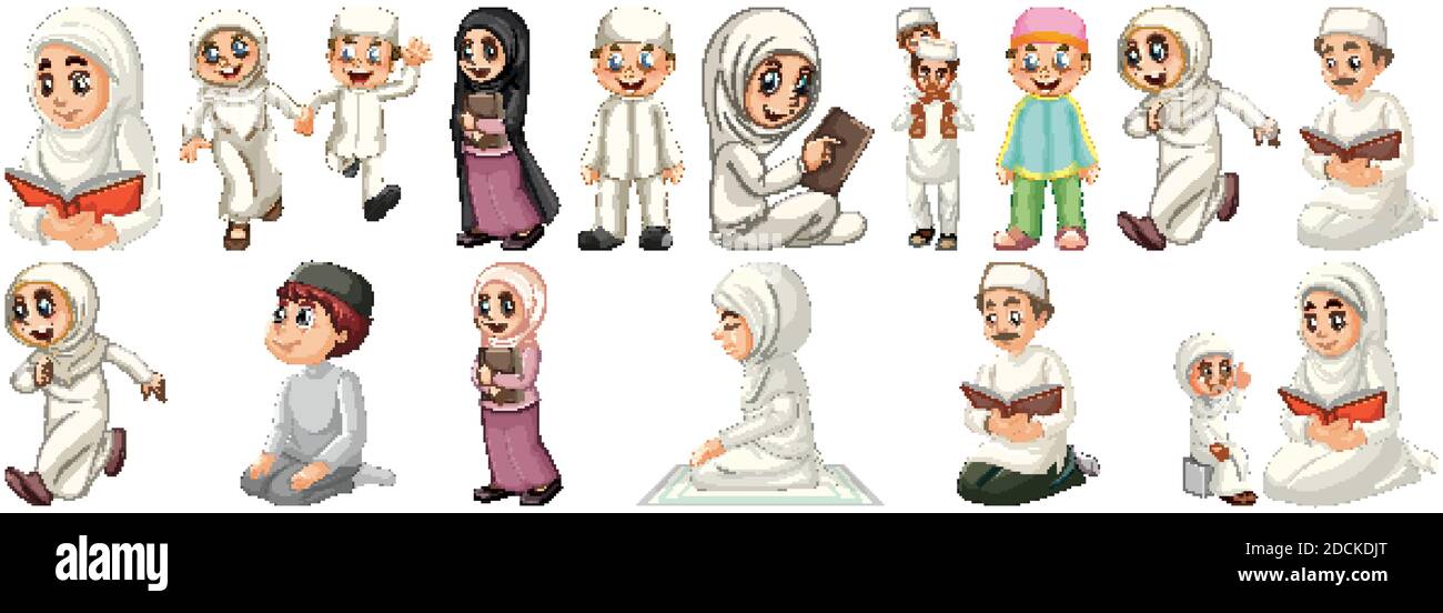 Set of different muslim people cartoon character isolated on white ...