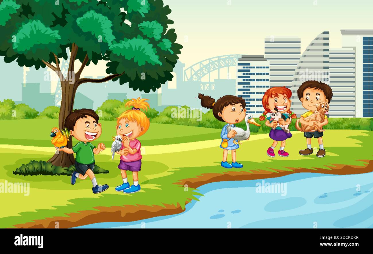 Children brings their pets to the park scene illustration Stock Vector ...