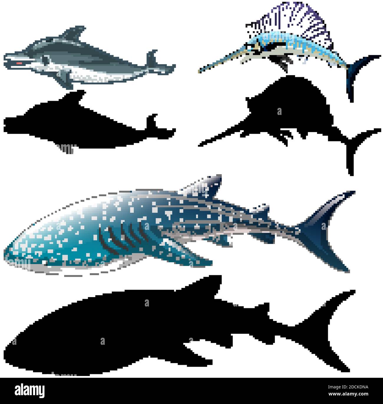 Set of fish characters and its silhouette on white background ...