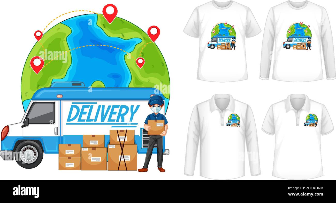 Set of different types of shirts with delivery logo screen on shirts ...