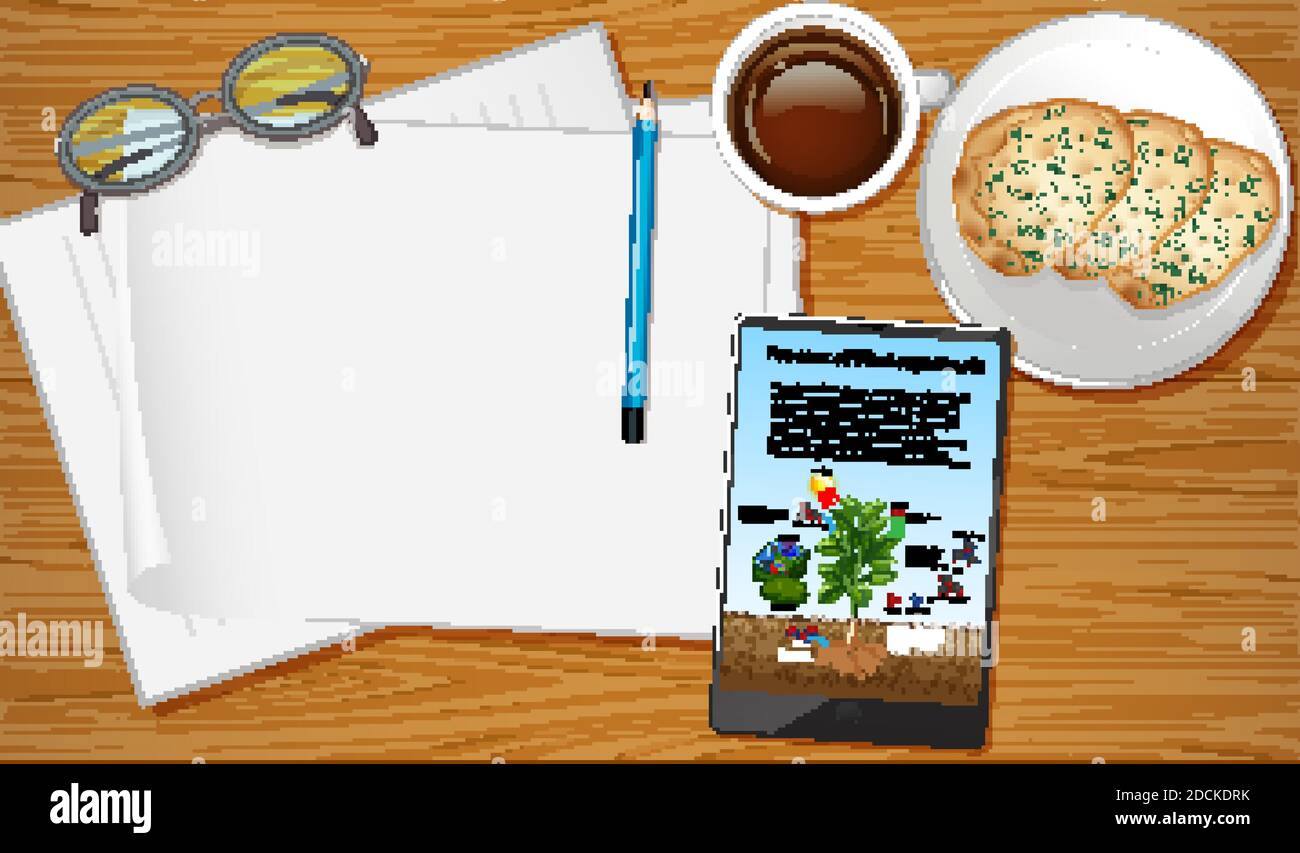 Table aerial view with mobile screen mockups illustration Stock Vector ...